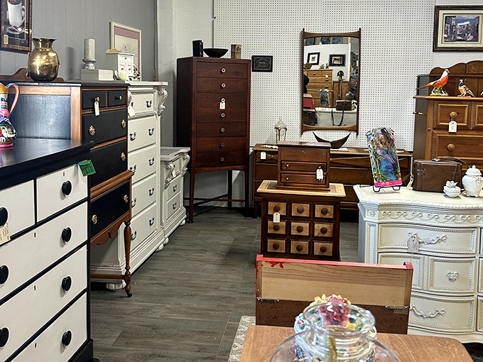 Furniture heaven for the indecisive decorator&mdash;white provincial meets dark mahogany in a showroom that makes your Pinterest board look unambitious.