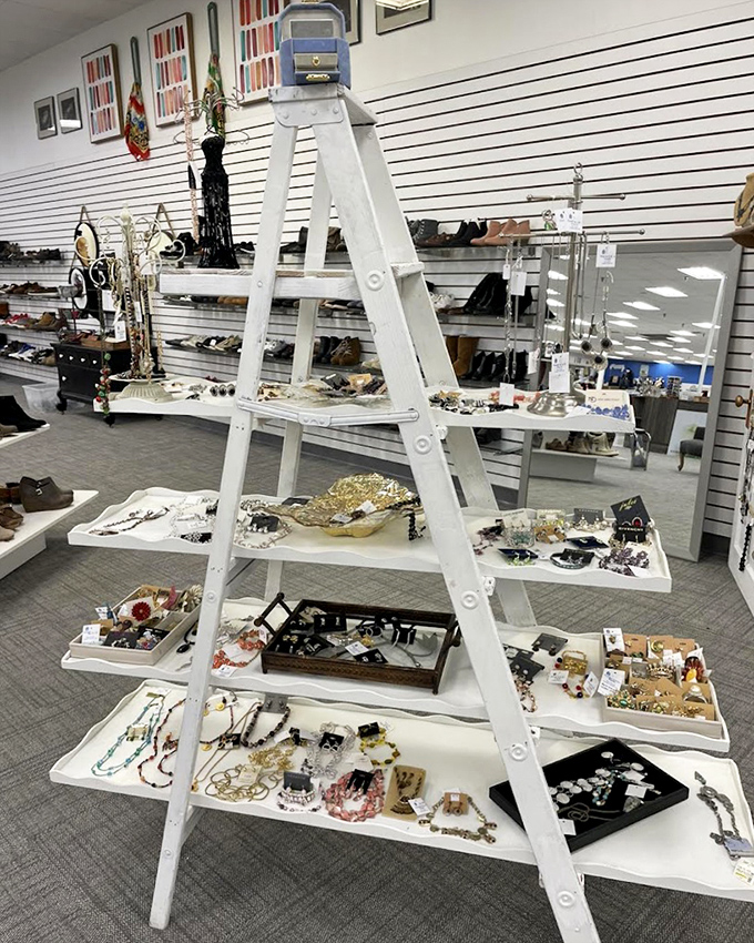 This ladder display transforms ordinary jewelry into an art installation. Each shelf tells a different style story waiting for its next chapter.