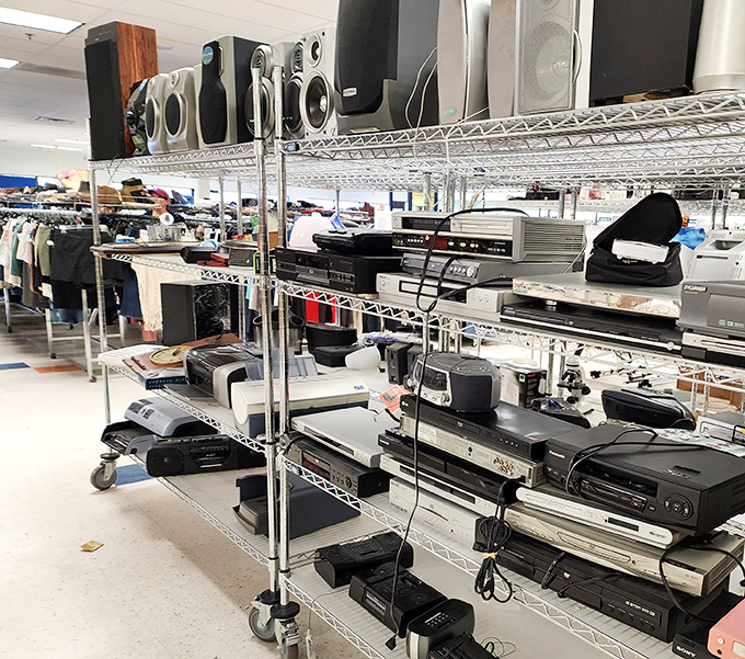 The electronics section: where vintage tech enthusiasts and practical bargain hunters converge in a symphony of obsolescence and opportunity.