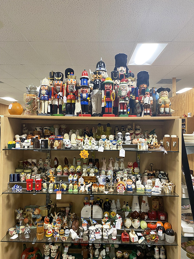 An army of nutcrackers stands at attention, guarding collections of salt-and-pepper shakers that tell stories of dinner tables past.