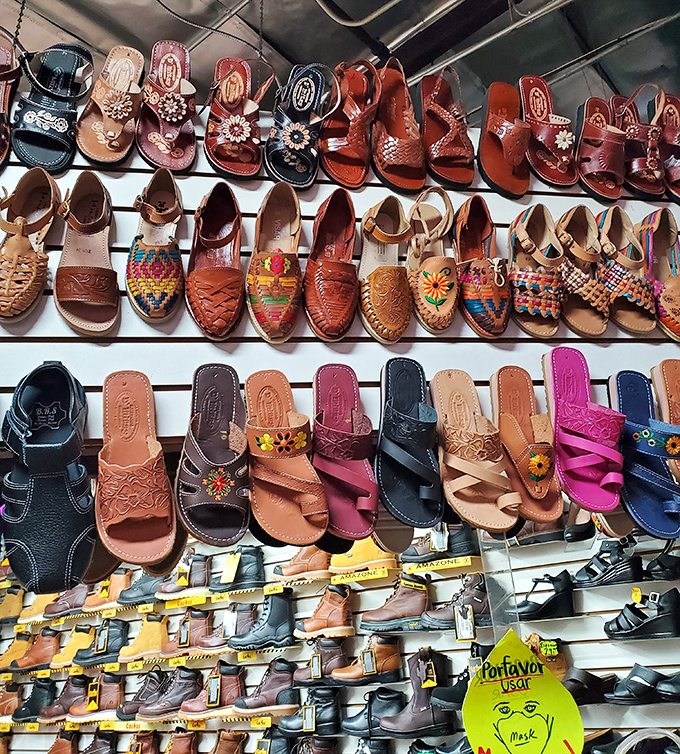 A rainbow of footwear possibilities, where your sole mate might be waiting on the second shelf from the bottom.