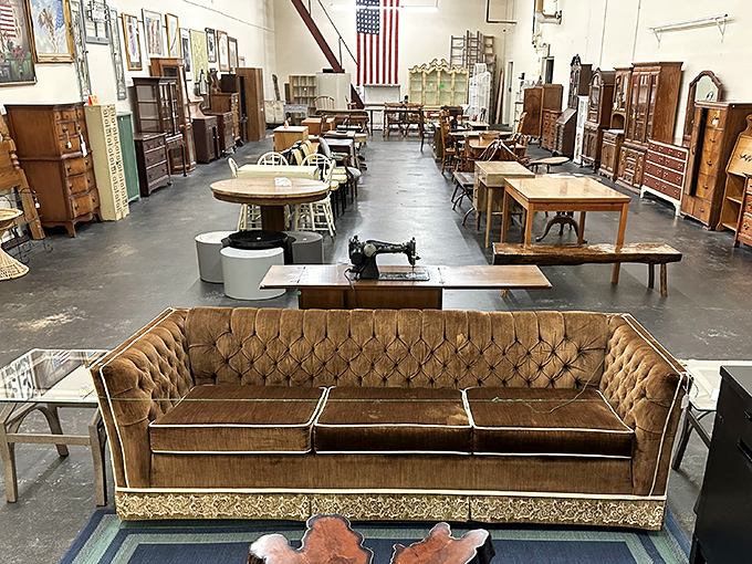 One glorious brown sofa commands this furniture kingdom like a 1970s living room time capsule.
