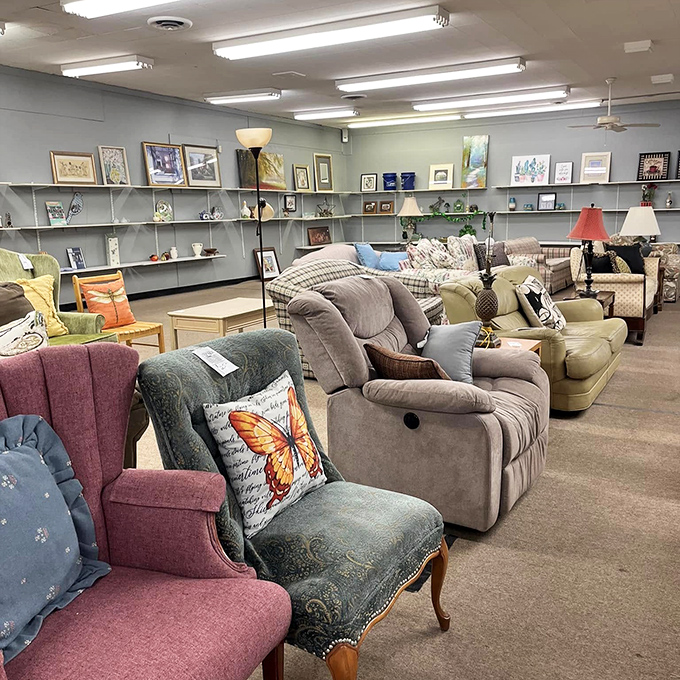 The furniture section resembles a living room showroom where every comfortable seat comes with its own history.
