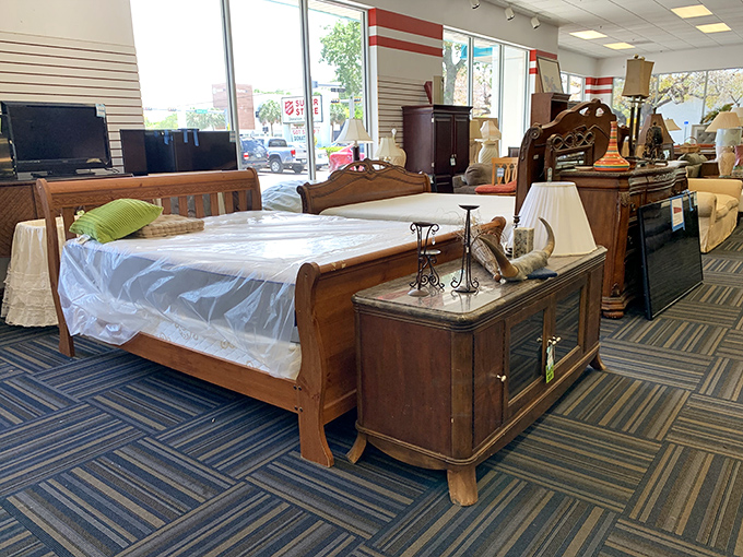 This wooden sleigh bed might have starred in a period drama before landing here &ndash; ready for its second act in your master bedroom.