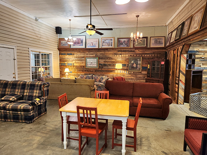 This isn't just furniture&mdash;it's a living room waiting to tell new stories. Plaid meets practicality in this cozy arrangement of sofas and dining sets.