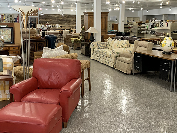 Not just furniture, but possibilities arranged in conversation-starting vignettes. That red leather chair is practically calling your name.