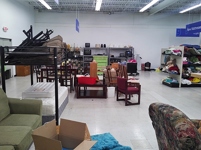 The furniture section: where mid-century modern meets Southern comfort, and every piece whispers tales of its previous life.