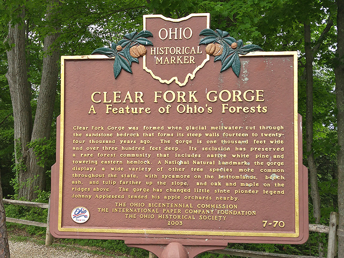 History carved in bronze: the Clear Fork Gorge marker reminds us that 14,000 years of patient water created this masterpiece long before selfies existed.