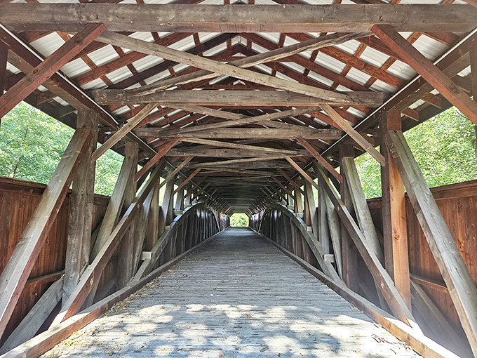 Step inside and you're walking through a wooden cathedral of American craftsmanship, each beam telling a 19th-century story.