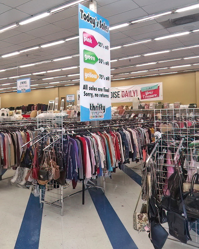 The color-coded tag system is like a treasure map where X marks the discount. Pink, green, yellow&mdash;follow the rainbow to savings!