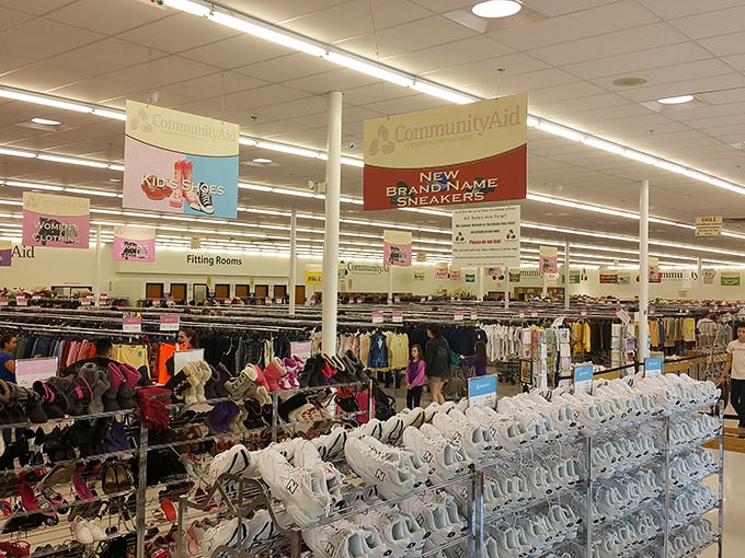 Organized chaos at its finest&mdash;rows upon rows of potential wardrobe revolutions await, all under bright lights that hide nothing and reveal everything.