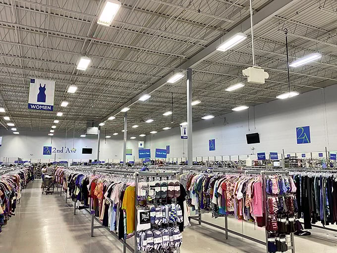 Welcome to the warehouse wonderland where endless racks create a clothing maze worthy of exploration.