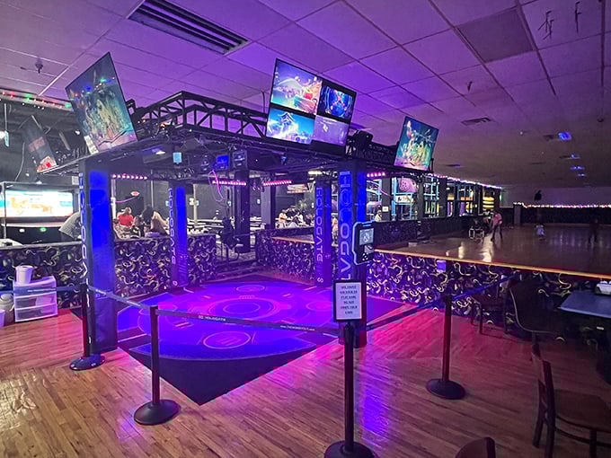 Purple lighting transforms an ordinary room into something that feels like a futuristic game show set.