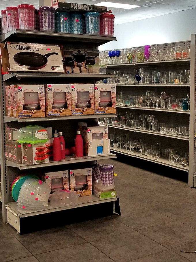 The kitchenware corner: where camping pans meet wine glasses, and yesterday's entertaining essentials await their second act in your home.