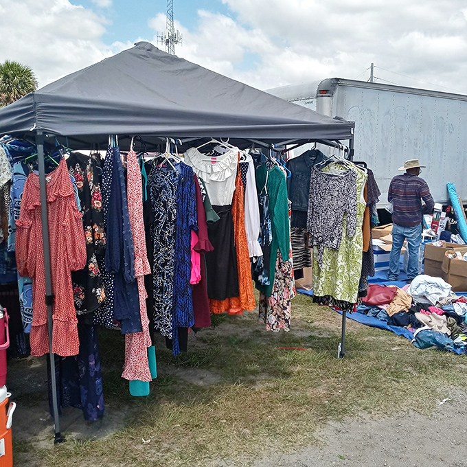 Fashion finds hanging like colorful promises. One person's closet cleanout becomes another's statement piece for Saturday night bingo.