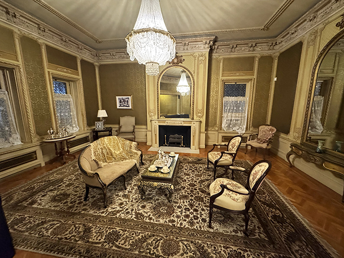 The ladies' reception room whispers of elegant soir&eacute;es past, where crystal chandeliers and gilded mirrors reflected society's finest in their Sunday best.