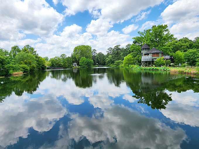 Mirror, mirror on the pond&mdash;who's the fairest garden around? The sky and trees engage in a perfect duet of reflection.