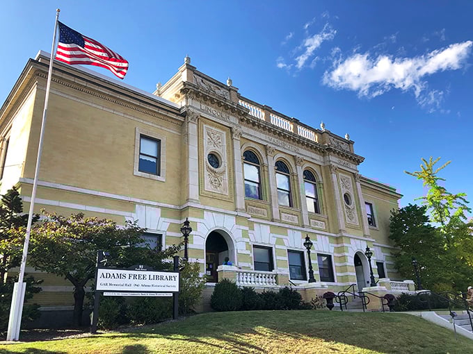 The Adams Free Library stands like a beacon of knowledge, proving that the best things in retirement really are free. 
