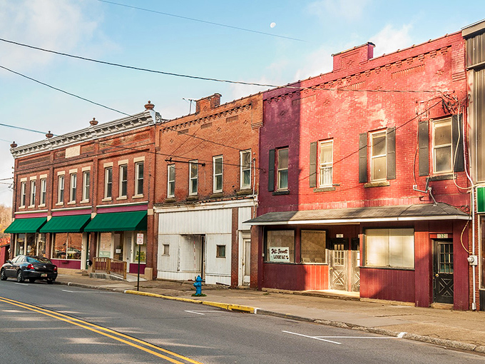 These weathered storefronts tell stories of Pennsylvania's lumber boom days, standing as red-brick sentinels of a bygone era in Mount Jewett.