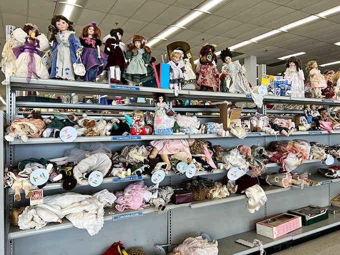 The doll section: simultaneously charming and slightly unnerving, like a tiny audience silently judging your shopping choices.
