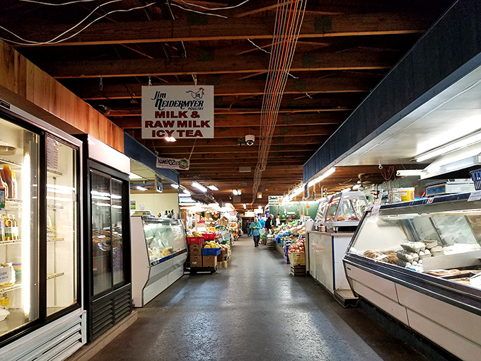 Farm-fresh meets nostalgia in the market's indoor section, where Jim Heidenreich's milk sign promises refreshment after serious shopping.
