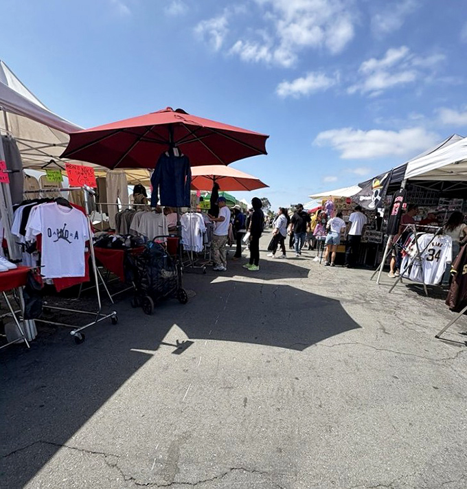 Fashion alley beckons with racks of potential wardrobe upgrades. Those red umbrellas aren't just for show&mdash;they're protecting tomorrow's vintage finds.