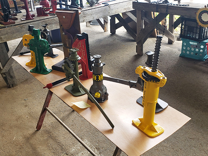 Colorful mechanical jacks stand ready to lift spirits and maybe a few vintage automobiles too.
