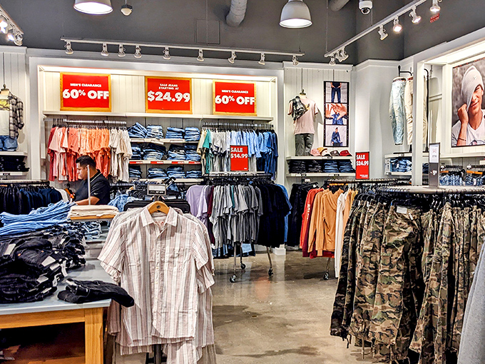 Racks on racks of menswear with bold "60% OFF" signs that make your inner bargain hunter do a little victory dance.
