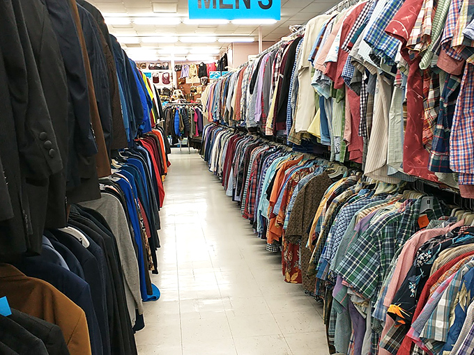 The men's section could outfit every dad in Ohio for a decade of backyard barbecues. A rainbow of options from "business meeting" to "tropical vacation gone wrong."