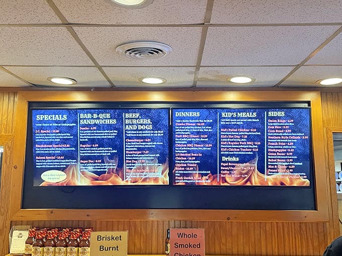 The menu board tells a story of smoked treasures. Each illuminated option represents a different path to happiness.
