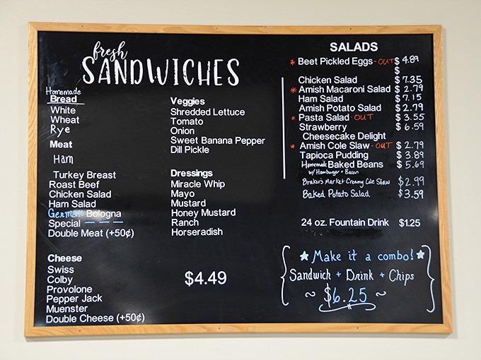 This chalkboard menu isn't just listing sandwiches and salads—it's offering a roadmap to happiness, one homemade bite at a time.