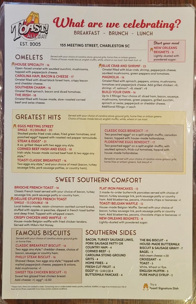 This menu reads like a love letter to Southern breakfast classics, with each description promising a morning romance worth getting out of bed for.