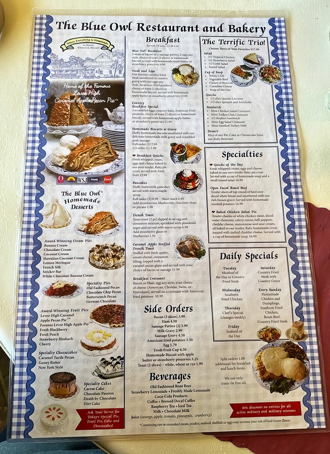 A menu that reads like a love letter to Midwestern comfort food, with the famous Levee High Apple Pie taking center stage as the headliner.