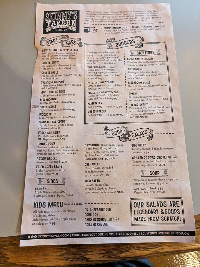 A menu that doesn't need spell check, just an appetite. Decades of burger perfection condensed into one page of no-nonsense options that promise satisfaction without pretension.