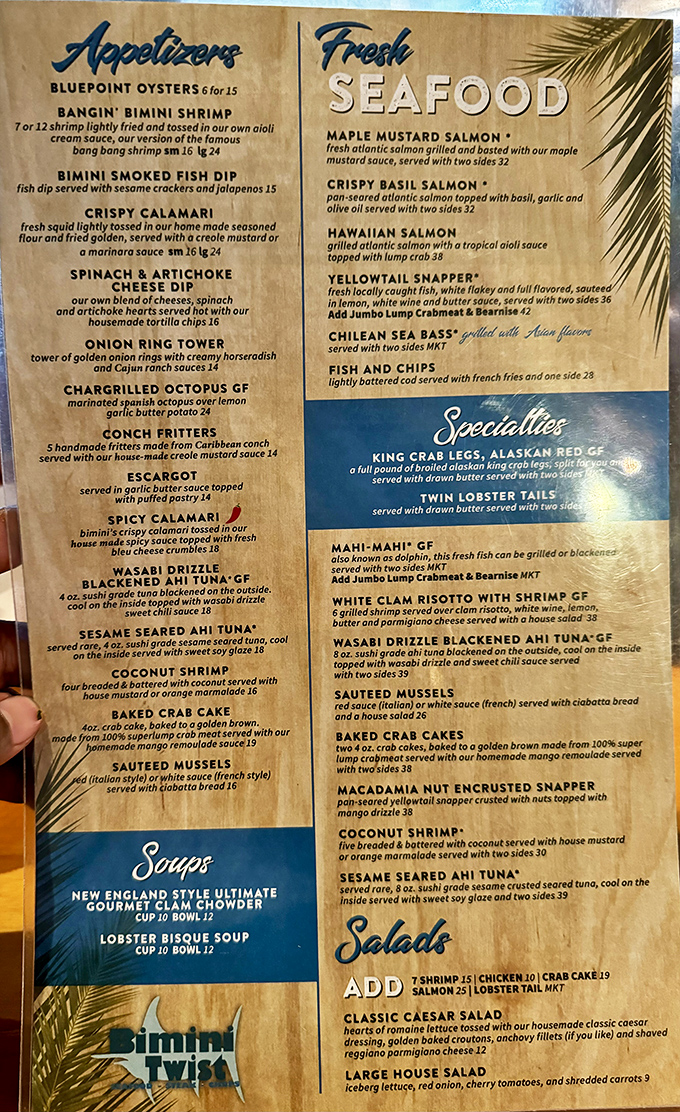 A menu that reads like poetry to seafood lovers. The Bangin' Bimini Shrimp alone is worth the trip across state lines.
