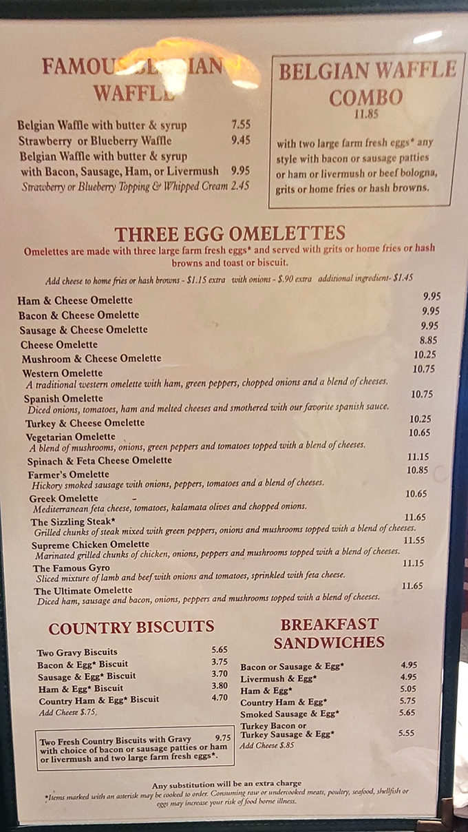 This menu isn't just a list of food&mdash;it's a roadmap to happiness. The Belgian waffle section alone deserves its own ZIP code.