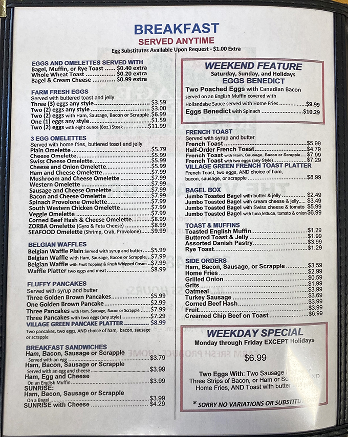 This menu reads like a love letter to breakfast classics. No molecular gastronomy here&mdash;just the timeless hits that never need remixing.