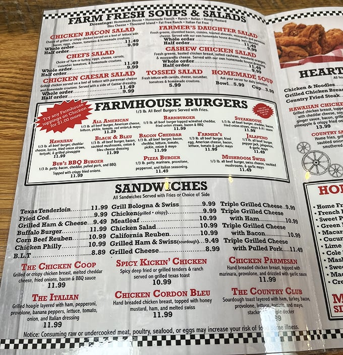 A menu that reads like a love letter to Midwest comfort food. Each item promises the kind of satisfaction that makes you plan your next visit before finishing your meal.