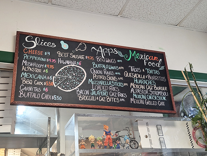 Life's important decisions displayed in chalk. San Lucas's menu board showcases their impressive range, from classic cheese to Mexican-inspired creations.