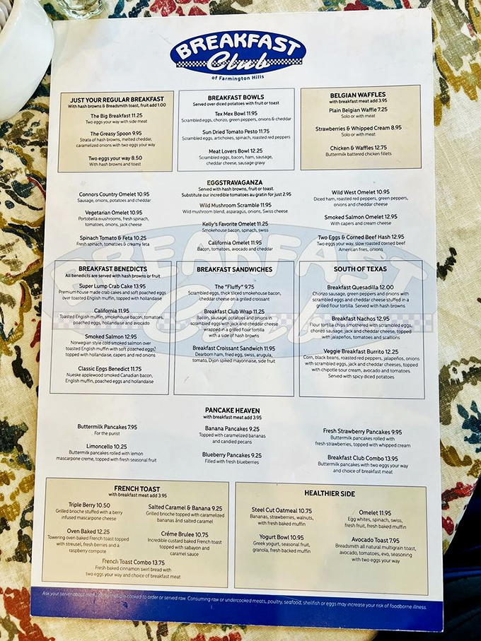 The menu reads like poetry for the perpetually hungry. Each section promises a different path to breakfast nirvana.