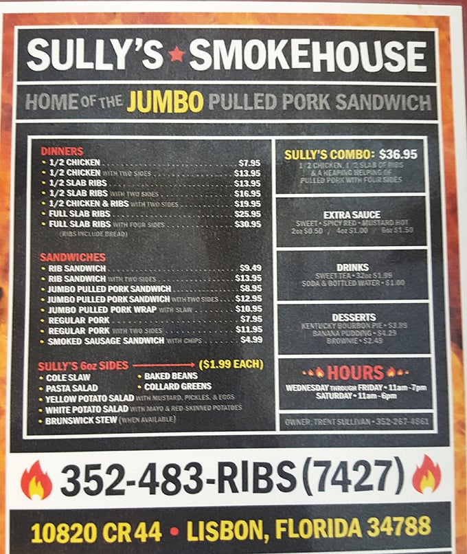 A menu that cuts straight to the chase &ndash; no fancy descriptions needed when your food speaks this loudly. The "Jumbo" in that pulled pork sandwich isn't just marketing.