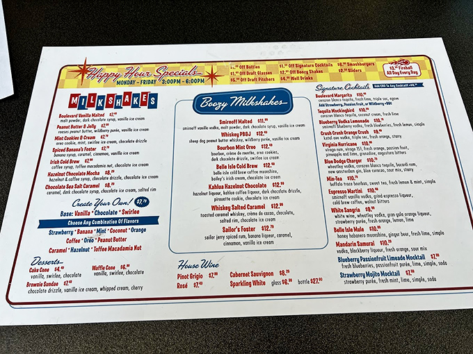 The menu reads like a love letter to indulgence. Happy hour specials and boozy milkshakes? Count me in!