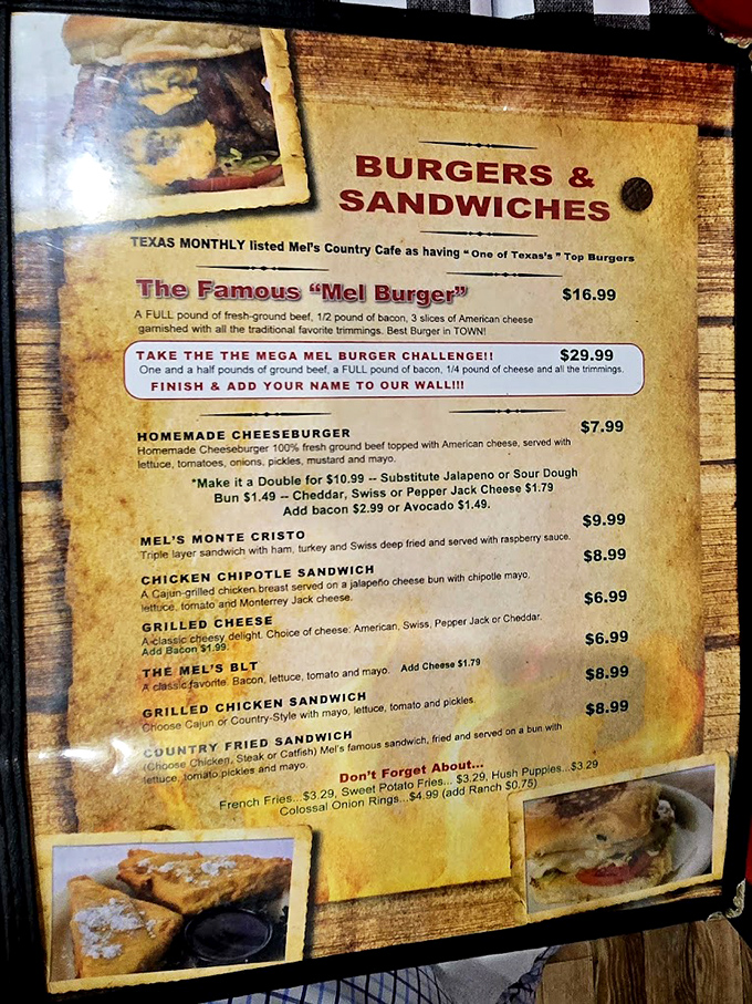 The menu board reads like a love letter to Texas comfort food, with the famous Mega Mel Burger Challenge daring brave souls to immortalize themselves on the wall.