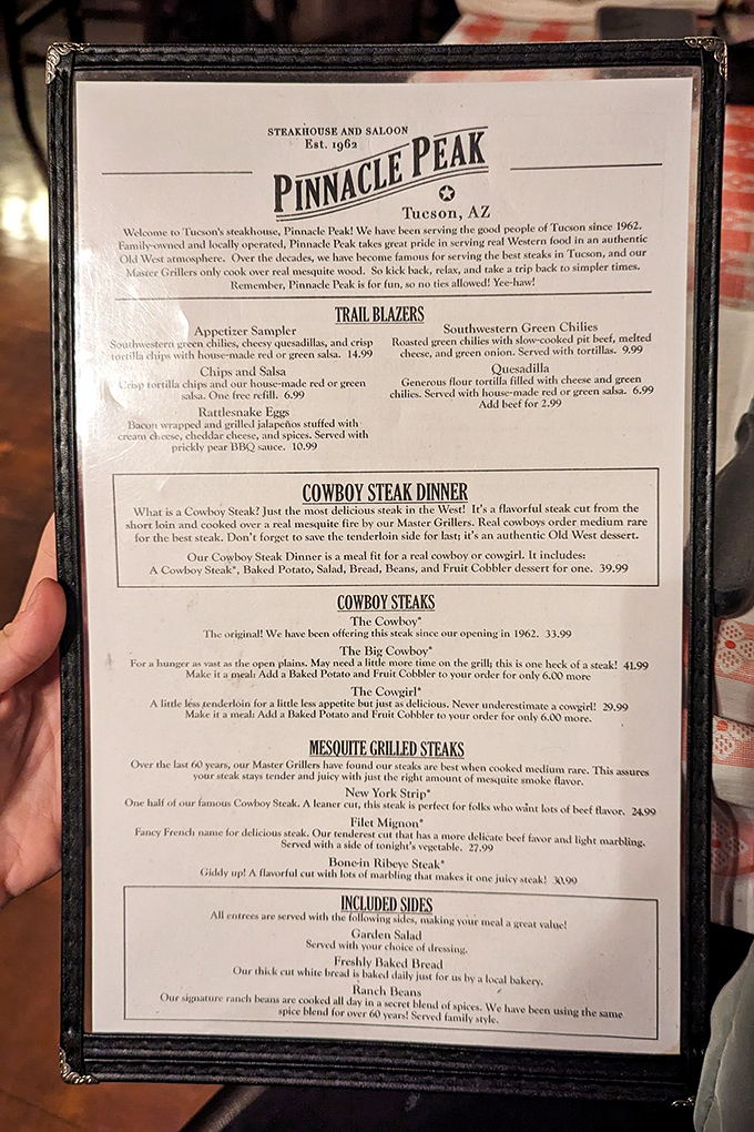 A menu that gets straight to the point: spectacular steaks and no ties allowed. The "Cowboy Steak" isn't just a name&mdash;it's a lifestyle choice.