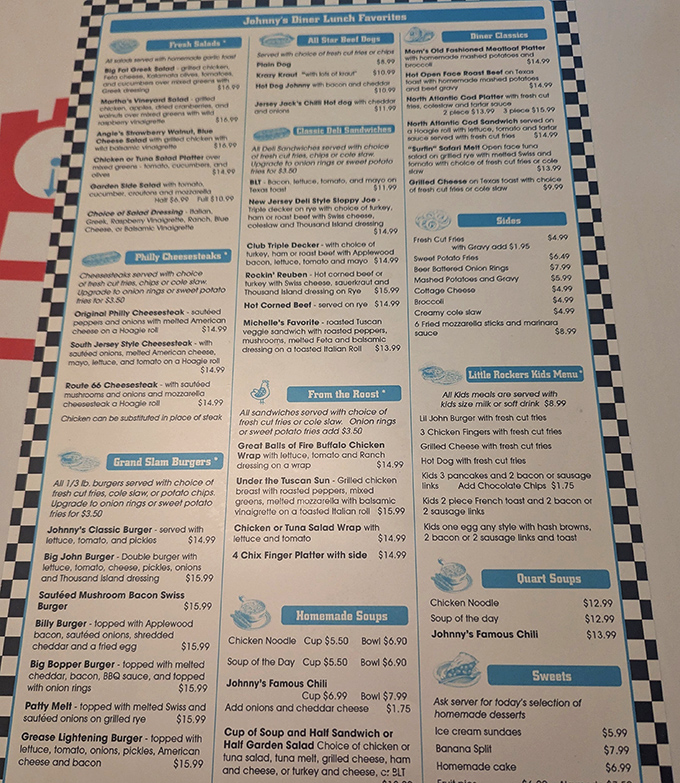 The menu reads like a love letter to comfort food, with an entire section dedicated to those legendary Philly cheesesteaks that put Johnny's on the map.