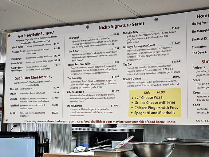 The menu board reads like a love letter to excess. "Get In My Belly Burgers" isn't just cute wordplay&mdash;it's a mission statement.