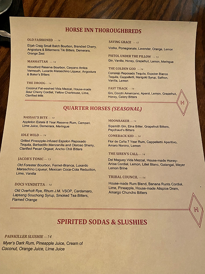 The cocktail menu reads like poetry for thirsty souls &ndash; "Thoroughbreds" and "Quarter Horses" galloping through a landscape of premium spirits and house-made ingredients.