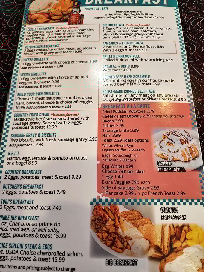 A menu that reads like a love letter to American comfort food. Breakfast all day? That's not just convenience&mdash;that's freedom in culinary form!