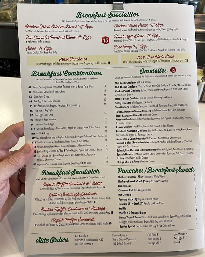 A menu that reads like a love letter to breakfast, where "Chicken Fried Steak 'N' Eggs" isn't just a meal, it's a commitment.