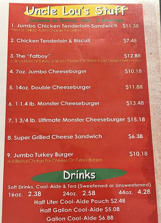 "The Fatboy" isn't just a sandwich&mdash;it's a commitment. This menu doesn't mess around with fancy descriptions; it lets the food speak for itself.